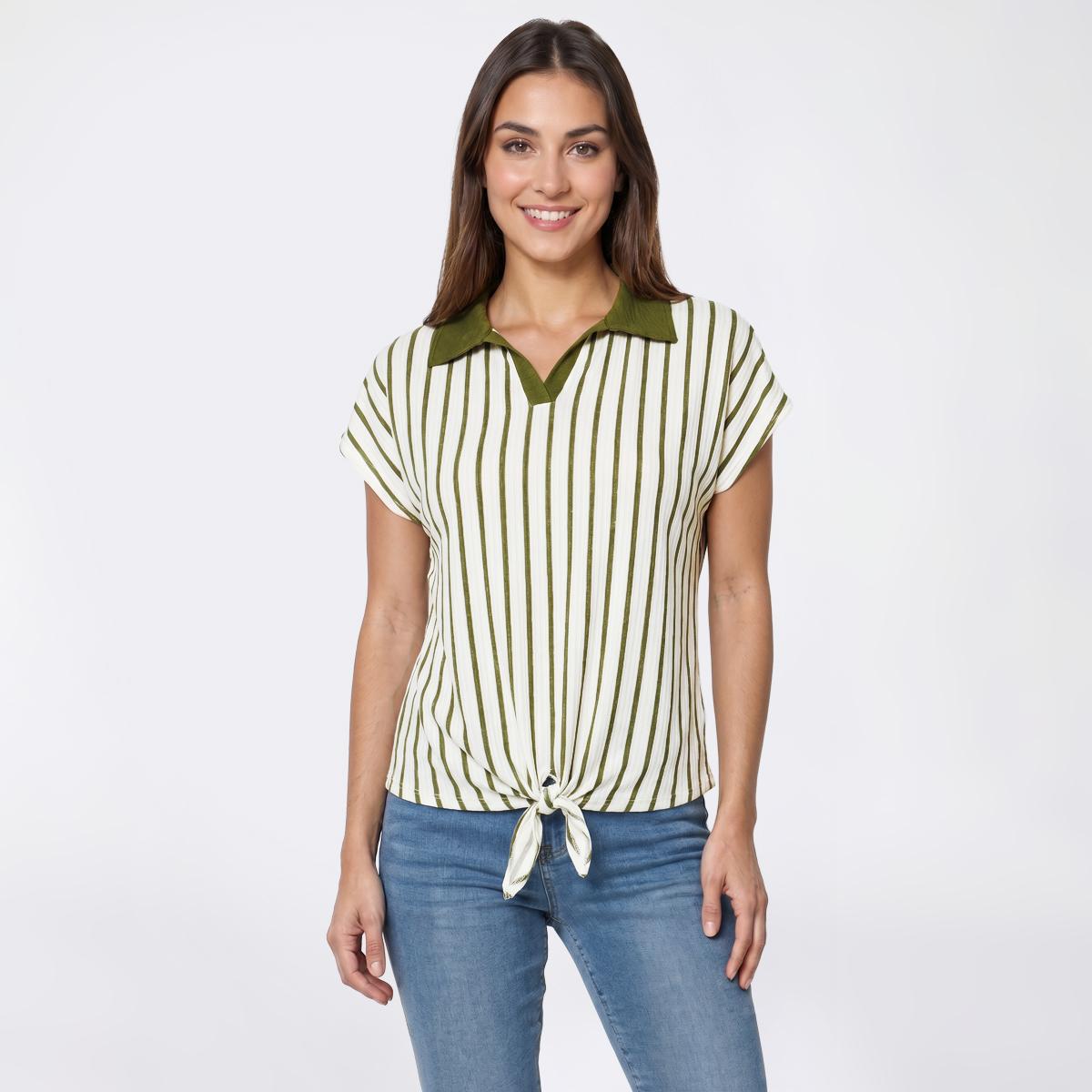 Click here for Womens Cure Short Sleeve Stripe Tie Front Hem Blou... prices